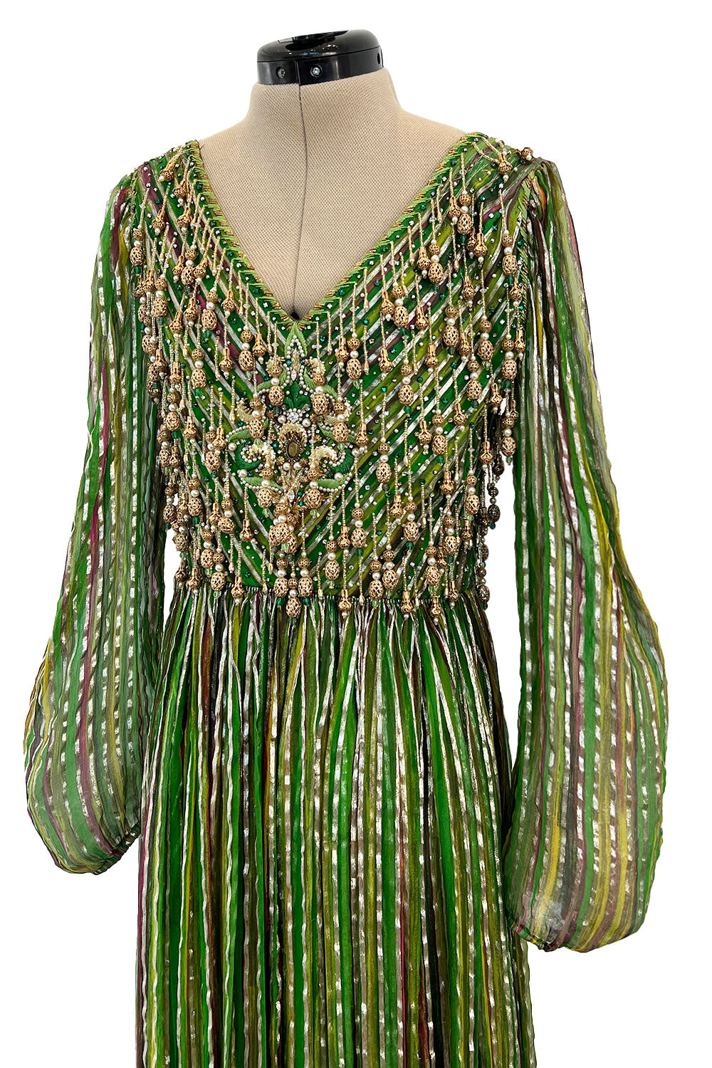 Exquisite 1960s James Galanos Metallic Green & Gold Silk Dress w Heavi ...