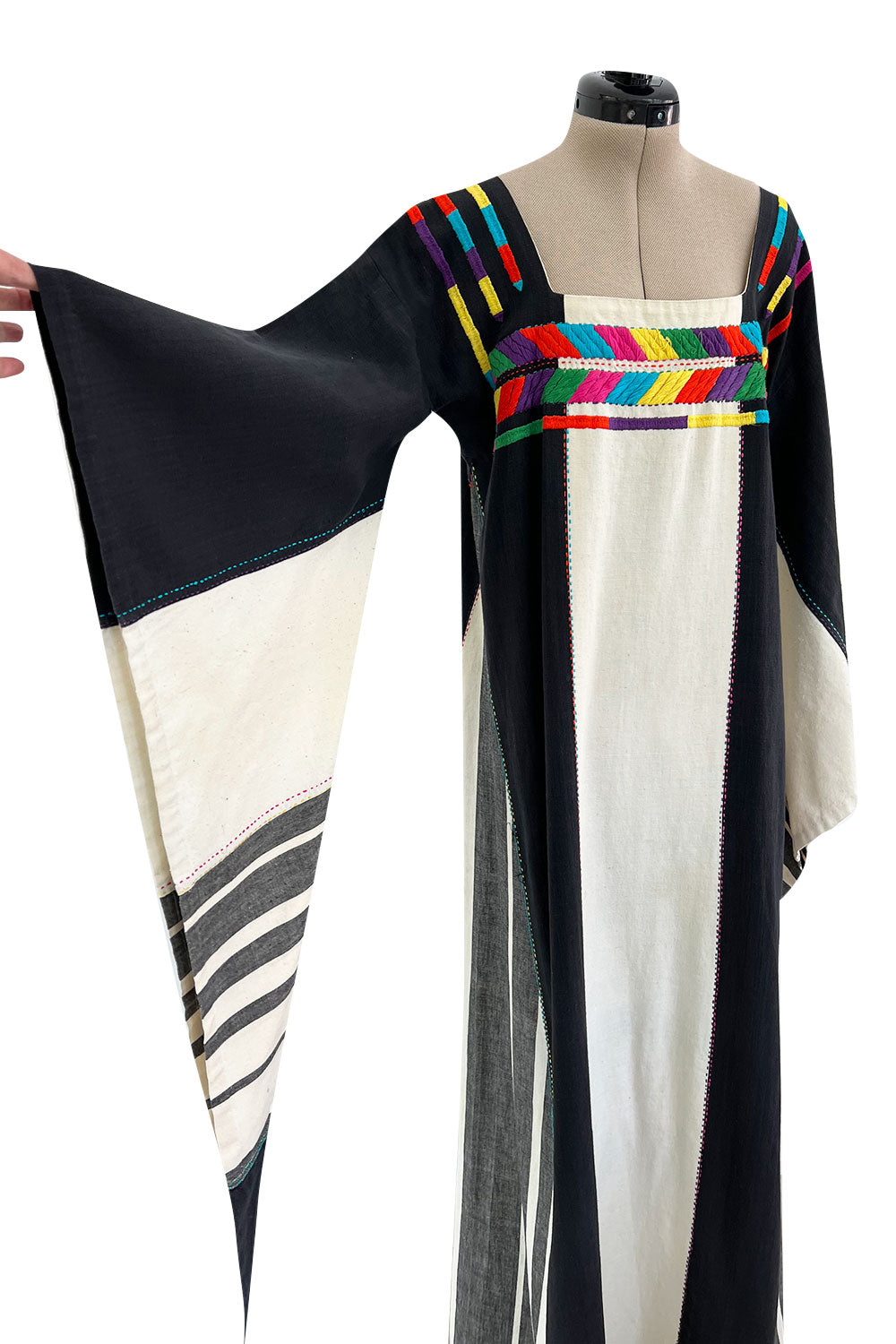 1960s Josefa Hand Embroidered Natural Linen & Black Caftan Dress W Inc ...