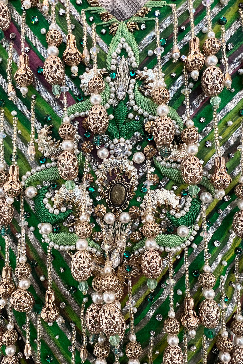 Exquisite 1960s James Galanos Metallic Green & Gold Silk Dress w Heavi ...