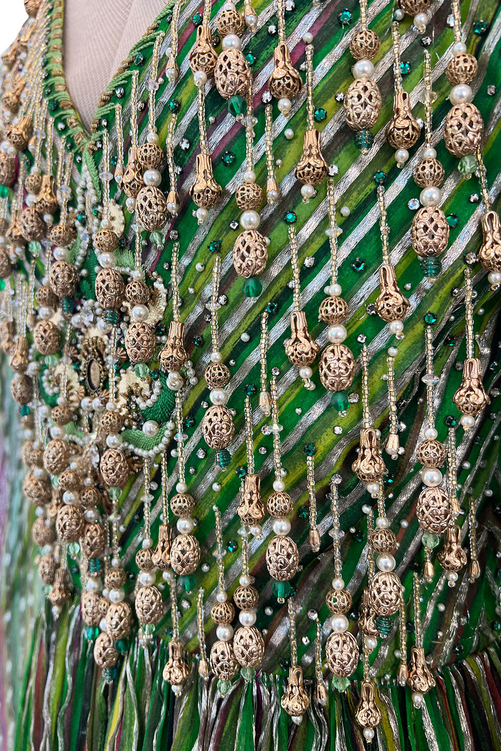 Exquisite 1960s James Galanos Metallic Green & Gold Silk Dress w Heavi ...