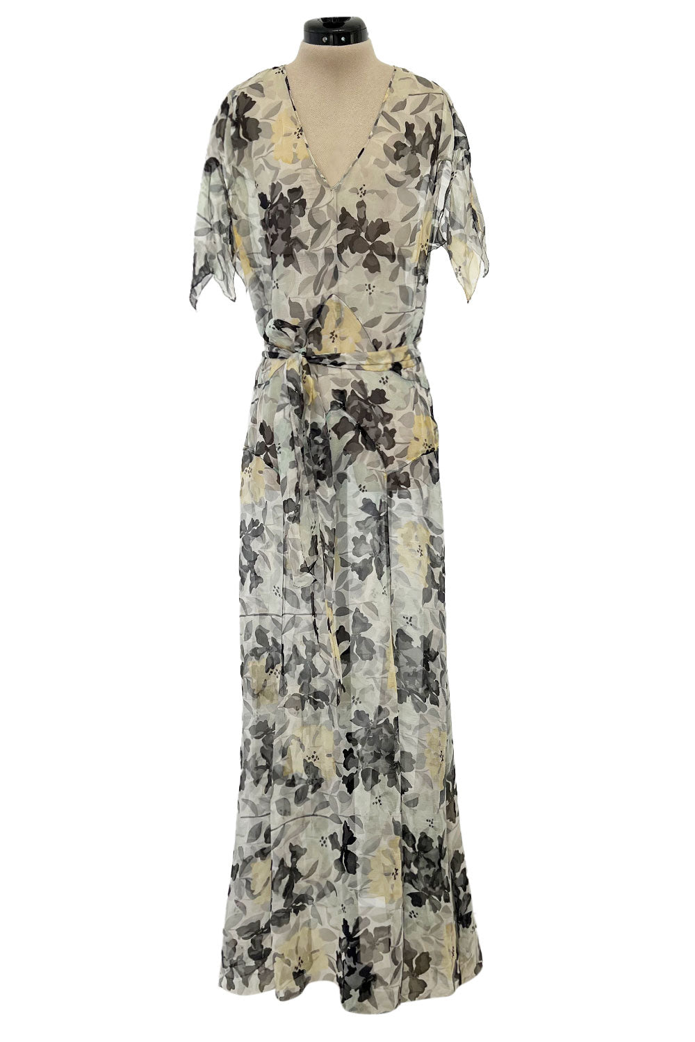 Dreamy 1920s Unlabeled Feather Light Floral Print Silk Chiffon Dress w ...