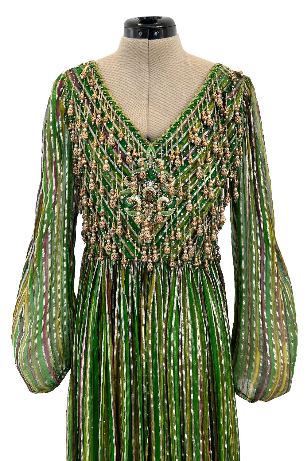 Exquisite 1960s James Galanos Metallic Green & Gold Silk Dress w Heavi ...