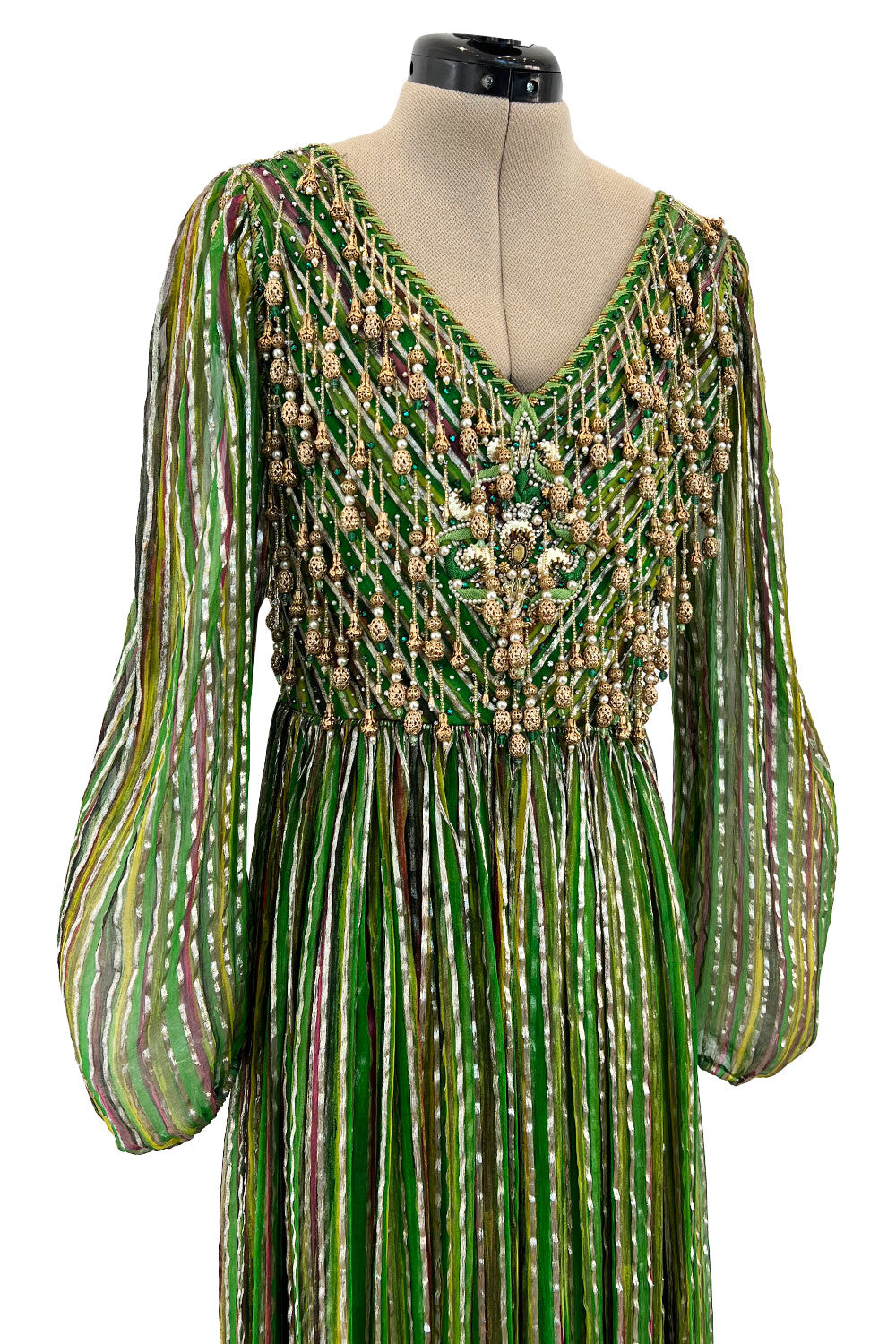 Exquisite 1960s James Galanos Metallic Green & Gold Silk Dress w Heavi ...