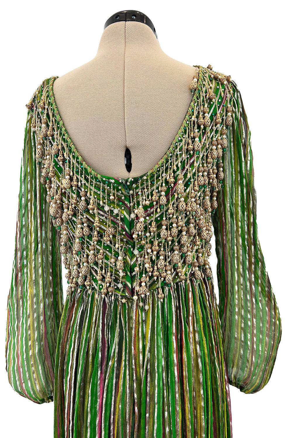 Exquisite 1960s James Galanos Metallic Green & Gold Silk Dress w Heavi ...