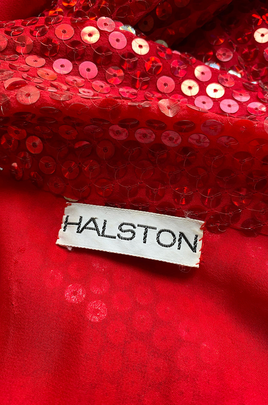 Iconic 1970s Halston Couture Glossy Red Sequin Full Length Wrap Dress ...