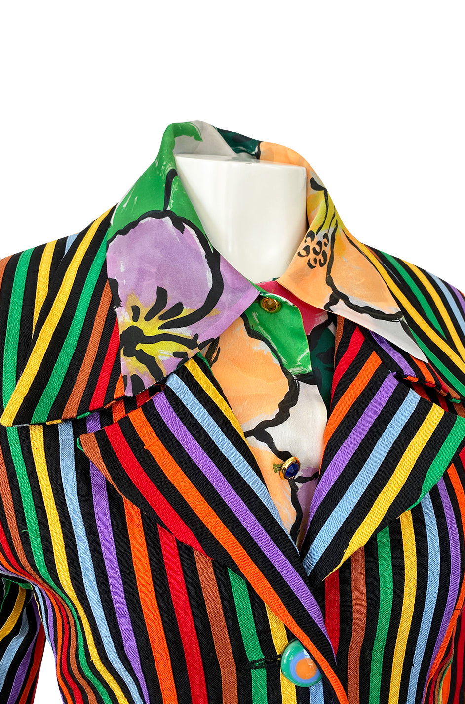 Spring 1992 Todd Oldham Floral Top w Rainbow Striped Jacket & Skirt Su ...