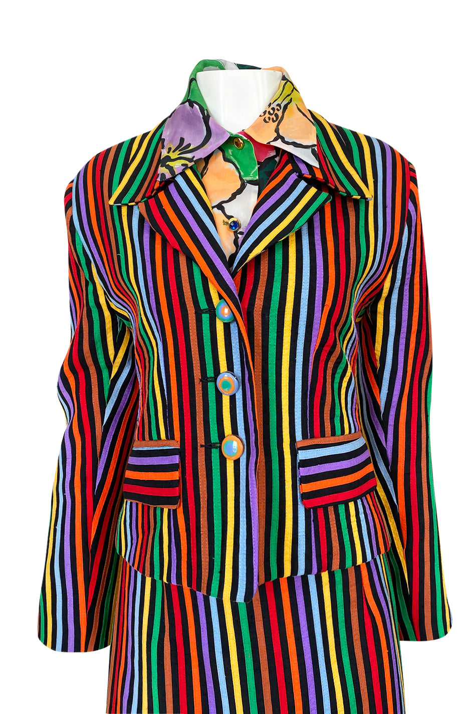 Spring 1992 Todd Oldham Floral Top w Rainbow Striped Jacket & Skirt Su ...