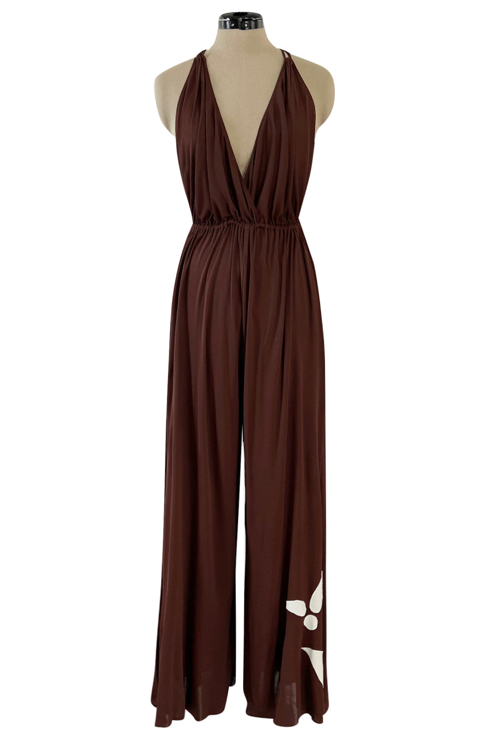 Gorgeous 1980s Genny Brown Jersey Backless Jumpsuit w Wide Legs & Flor ...