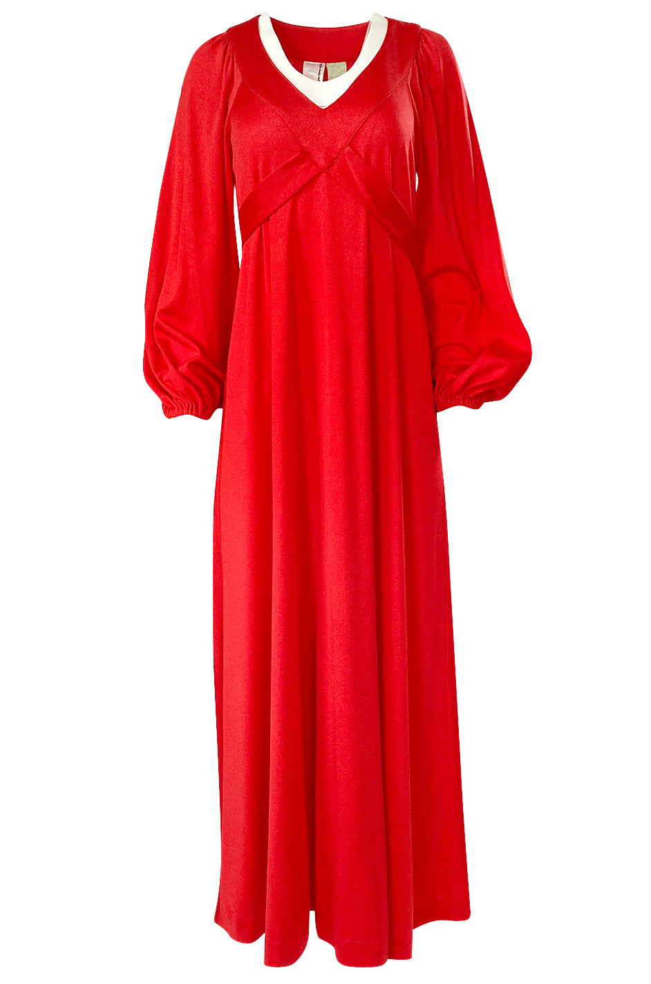 1970s Joy Stevens Big Sleeve Tie Waist Red 'Graduation' Jersey Dress ...