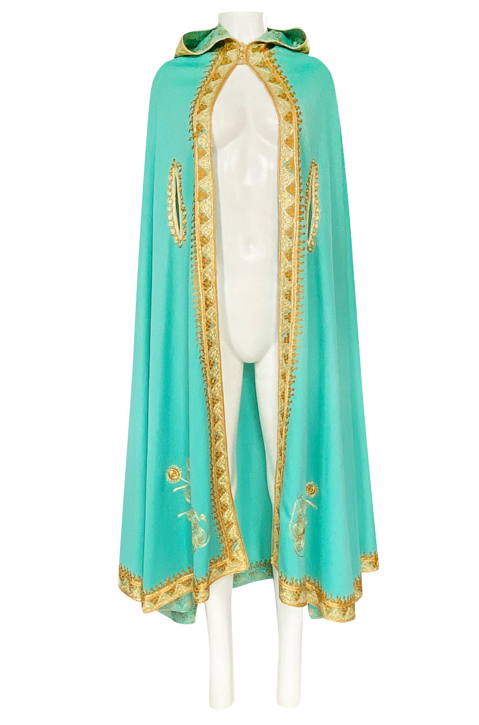 1970s Turquoise Jersey Cape with Gold Cord Braiding Detailing & Hood ...