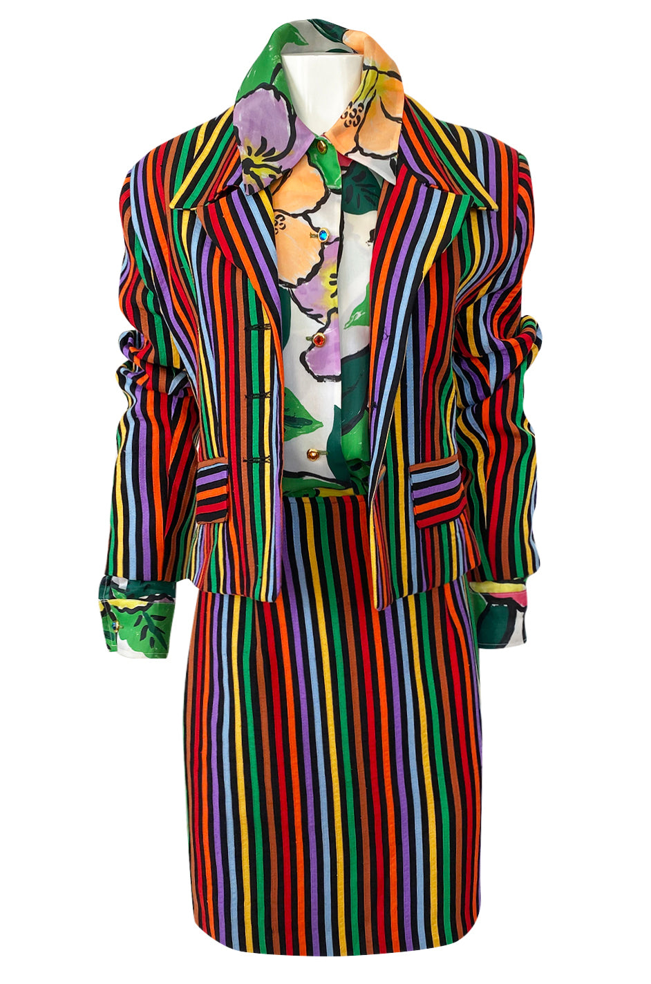 Spring 1992 Todd Oldham Floral Top w Rainbow Striped Jacket & Skirt Su ...