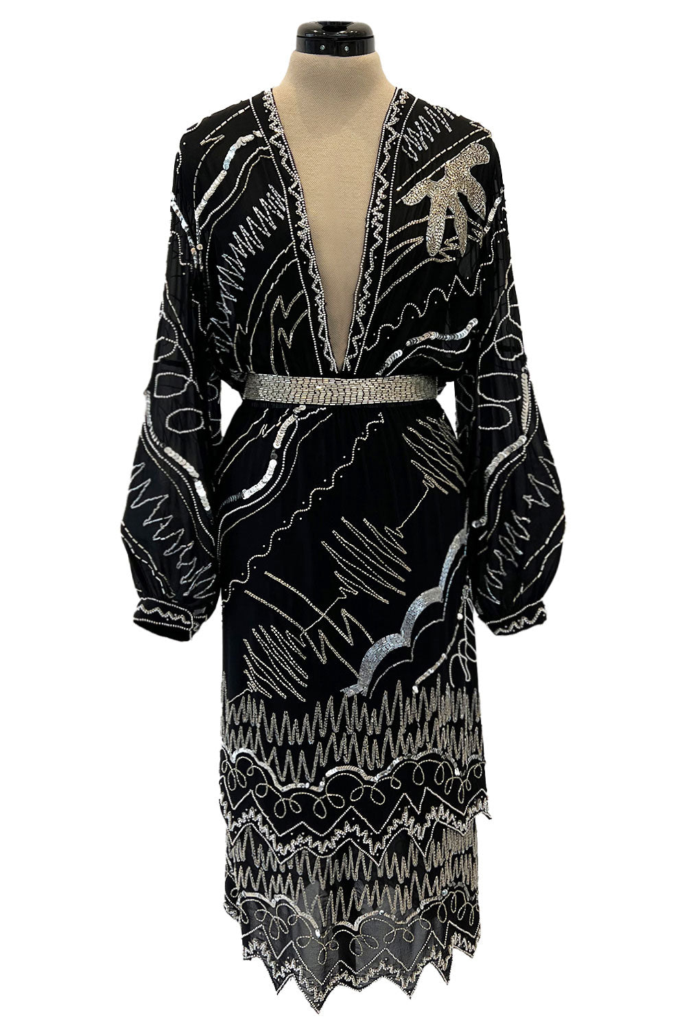 Sexy 1982 Fabrice Simon Black Densely Beaded Silk Chiffon Dress w Plun ...