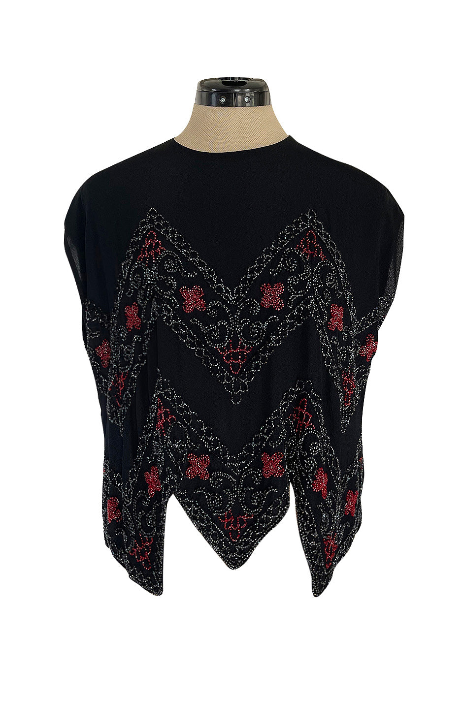 1920s Unlabeled Black Silk Crepe Jagged Hem Top w Hand Beading in Red ...