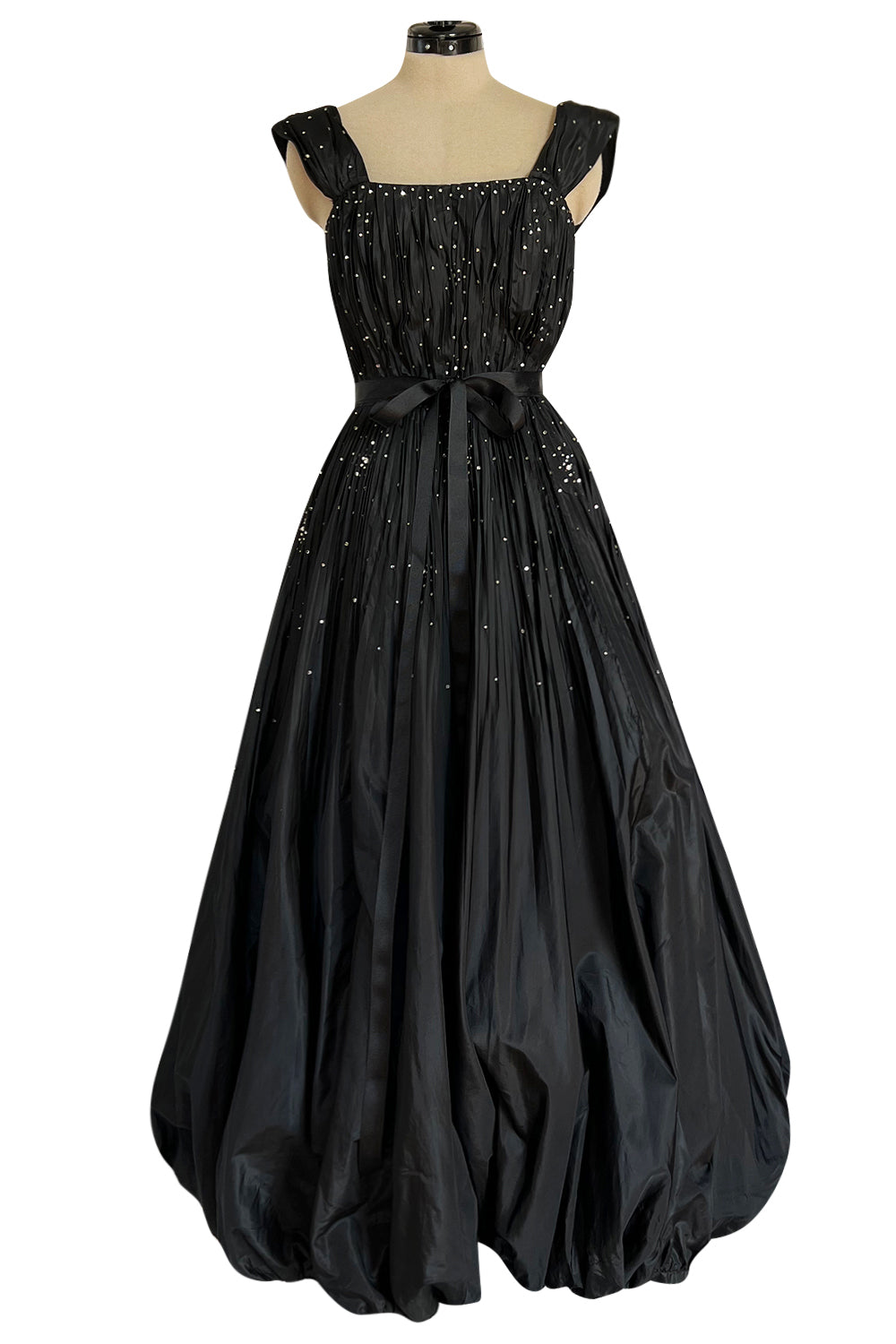 Rare 1961 Norman Hartnell Couture Black Silk Taffeta Dress w Crystal D ...