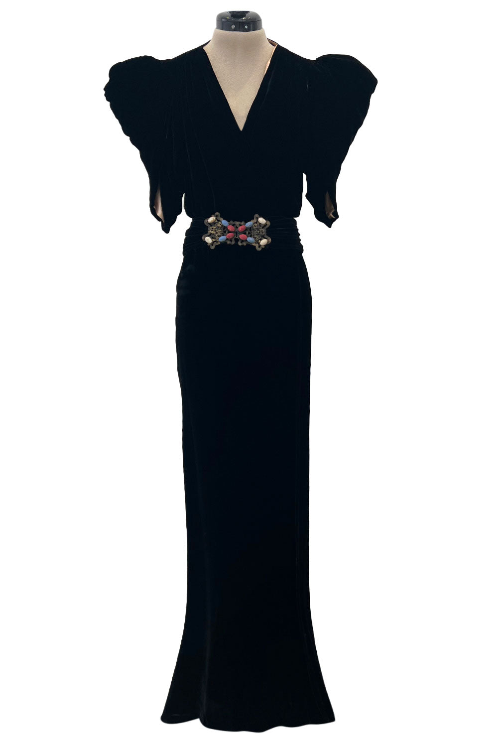 Incredible 1930s Black Silk Velvet Wrap Bias Cut Dress w Elaborate Met ...