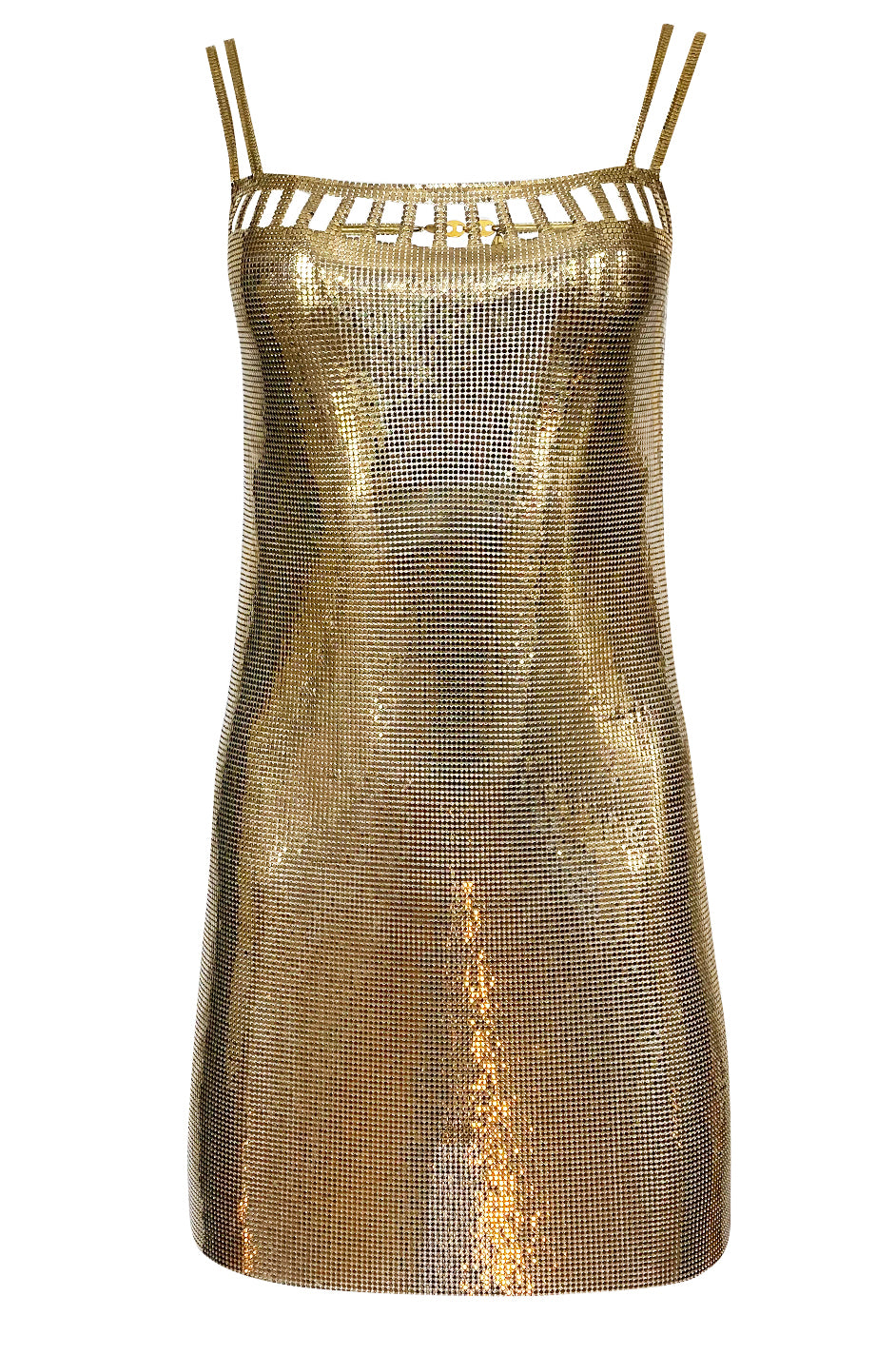Original 1980s Paco Rabanne Oroton Gold Metal Mesh Backless Mini Dress ...