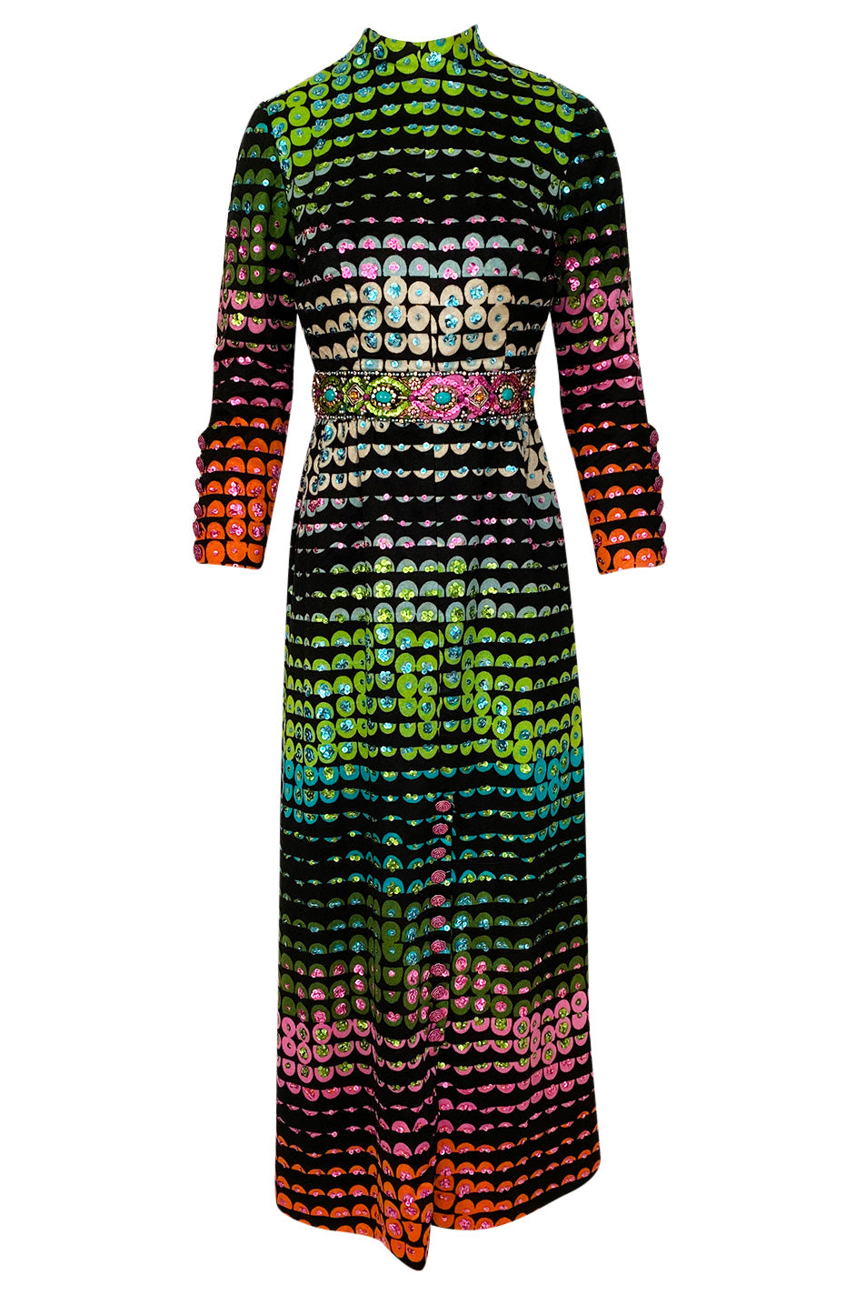 1970s Unlabeled Rainbow Colored Elaborate Sequin & Bead Detailed Dress ...