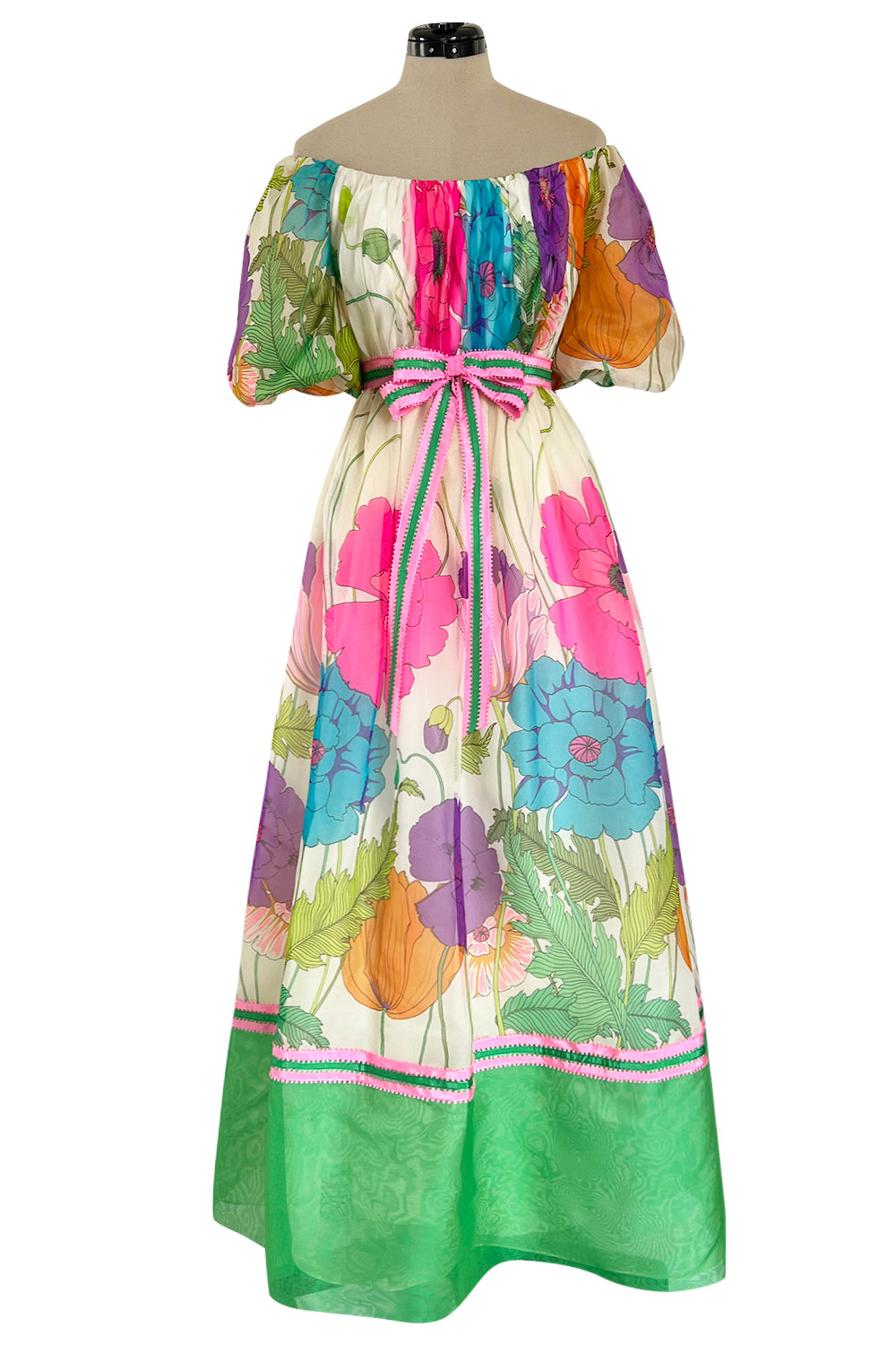 Prettiest 1970s Victoria Royal Off Shoulder Silk Gazaar Floral Print D ...