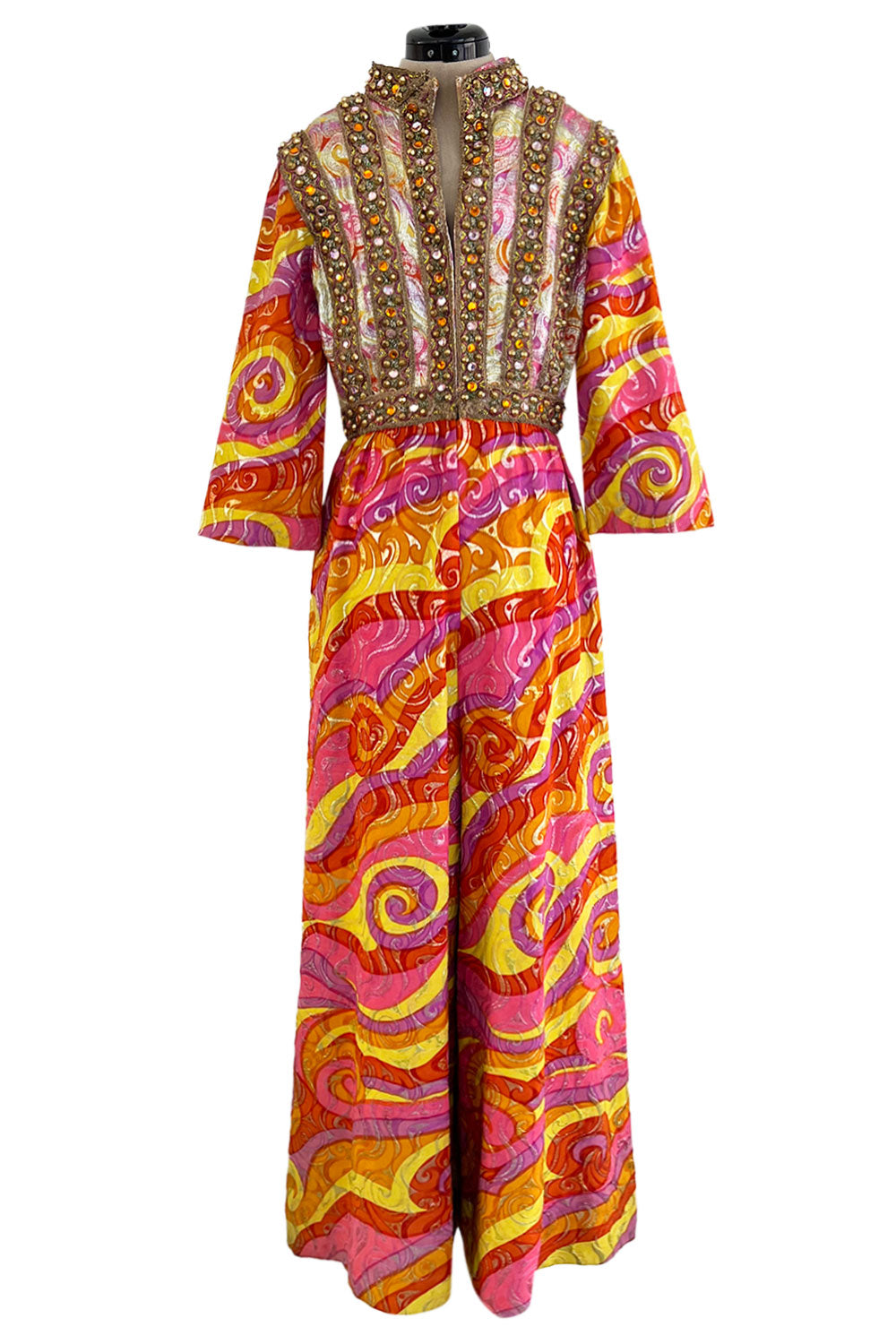 Amazing c.1967 Oscar de la Renta Gold Metallic Brocade Jumpsuit w Exte ...