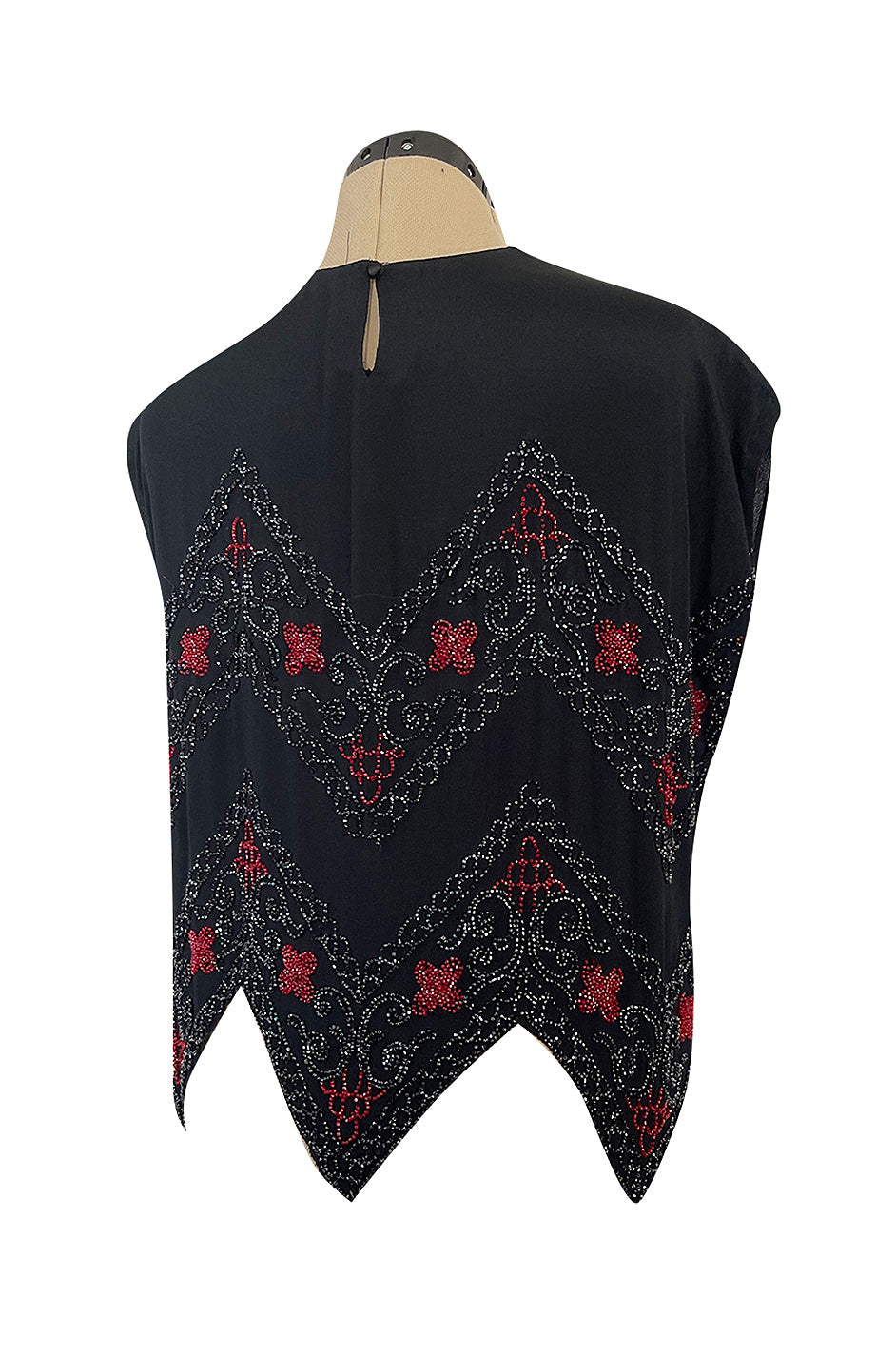 1920s Unlabeled Black Silk Crepe Jagged Hem Top w Hand Beading in Red ...