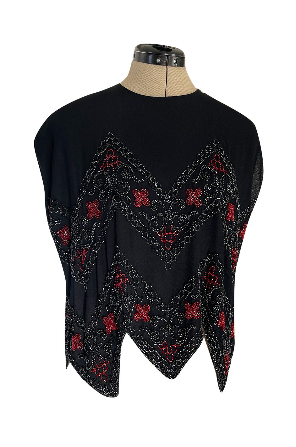 1920s Unlabeled Black Silk Crepe Jagged Hem Top w Hand Beading in Red ...
