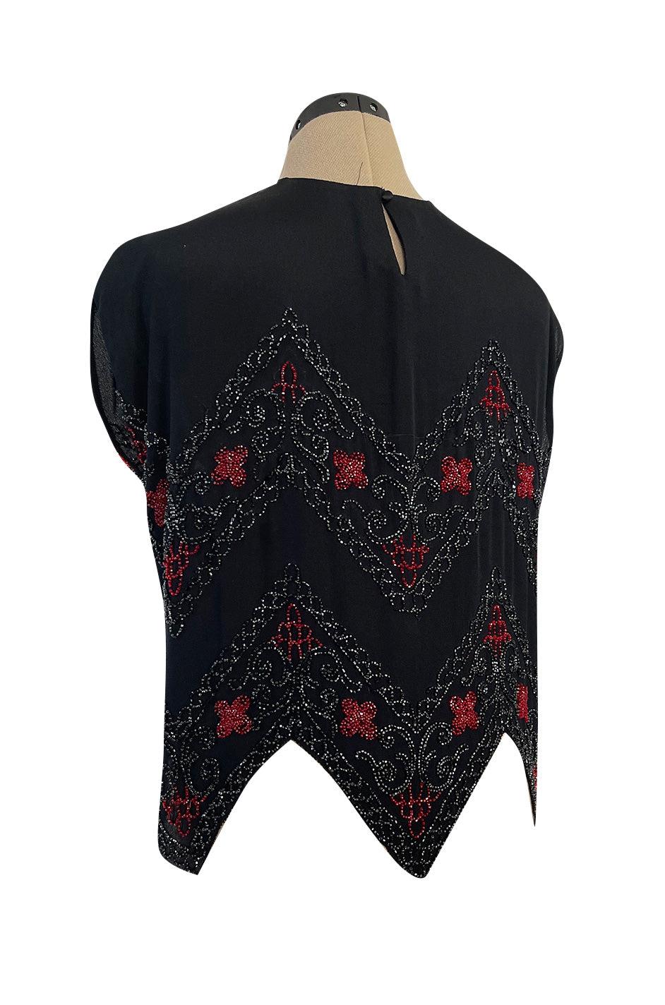 1920s Unlabeled Black Silk Crepe Jagged Hem Top w Hand Beading in Red ...
