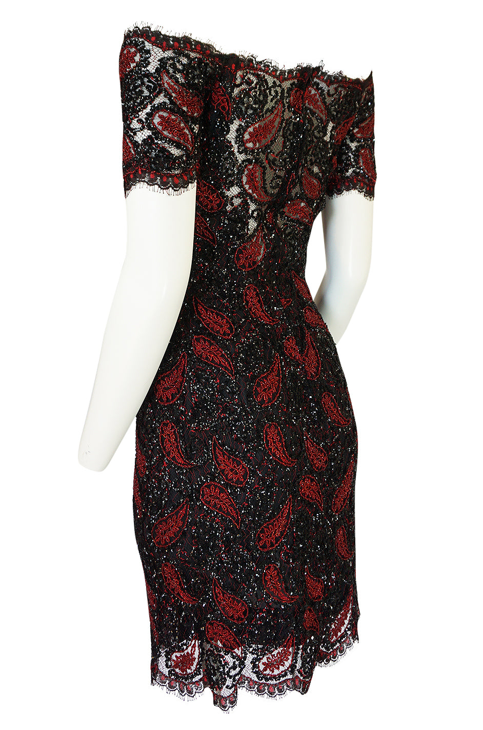 1980s Koos Couture Red Bead & Black Sequin on Silk Net Dress ...