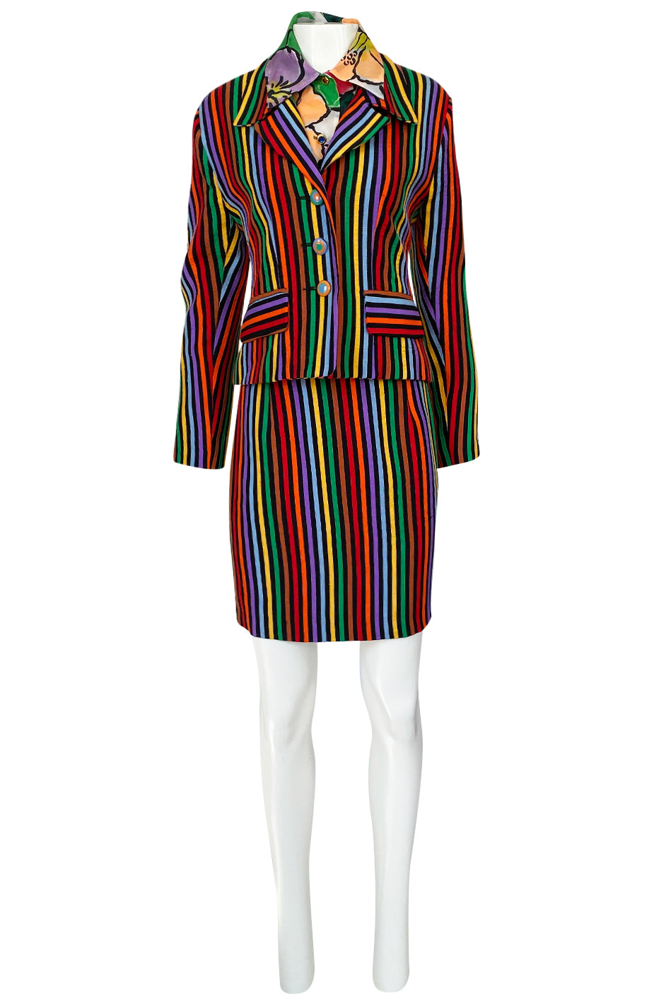 Spring 1992 Todd Oldham Floral Top w Rainbow Striped Jacket & Skirt Su ...