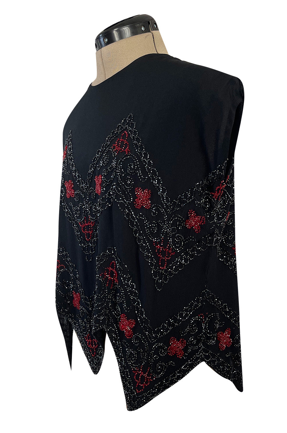 1920s Unlabeled Black Silk Crepe Jagged Hem Top w Hand Beading in Red ...