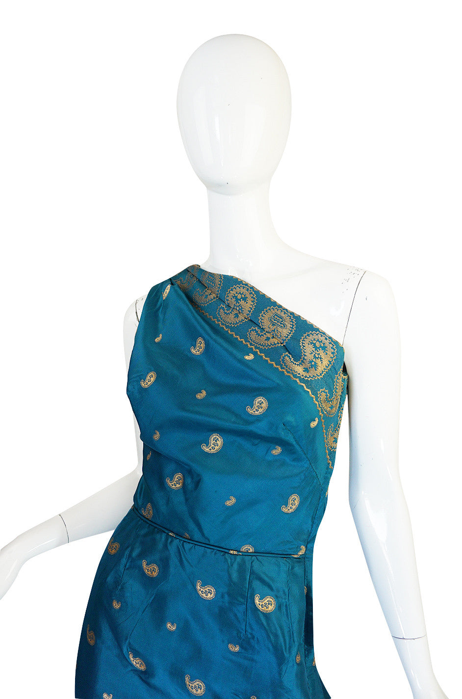 1950s One Shoulder Blue & Gold Silk Sari Dress & Jacket – Shrimpton Couture
