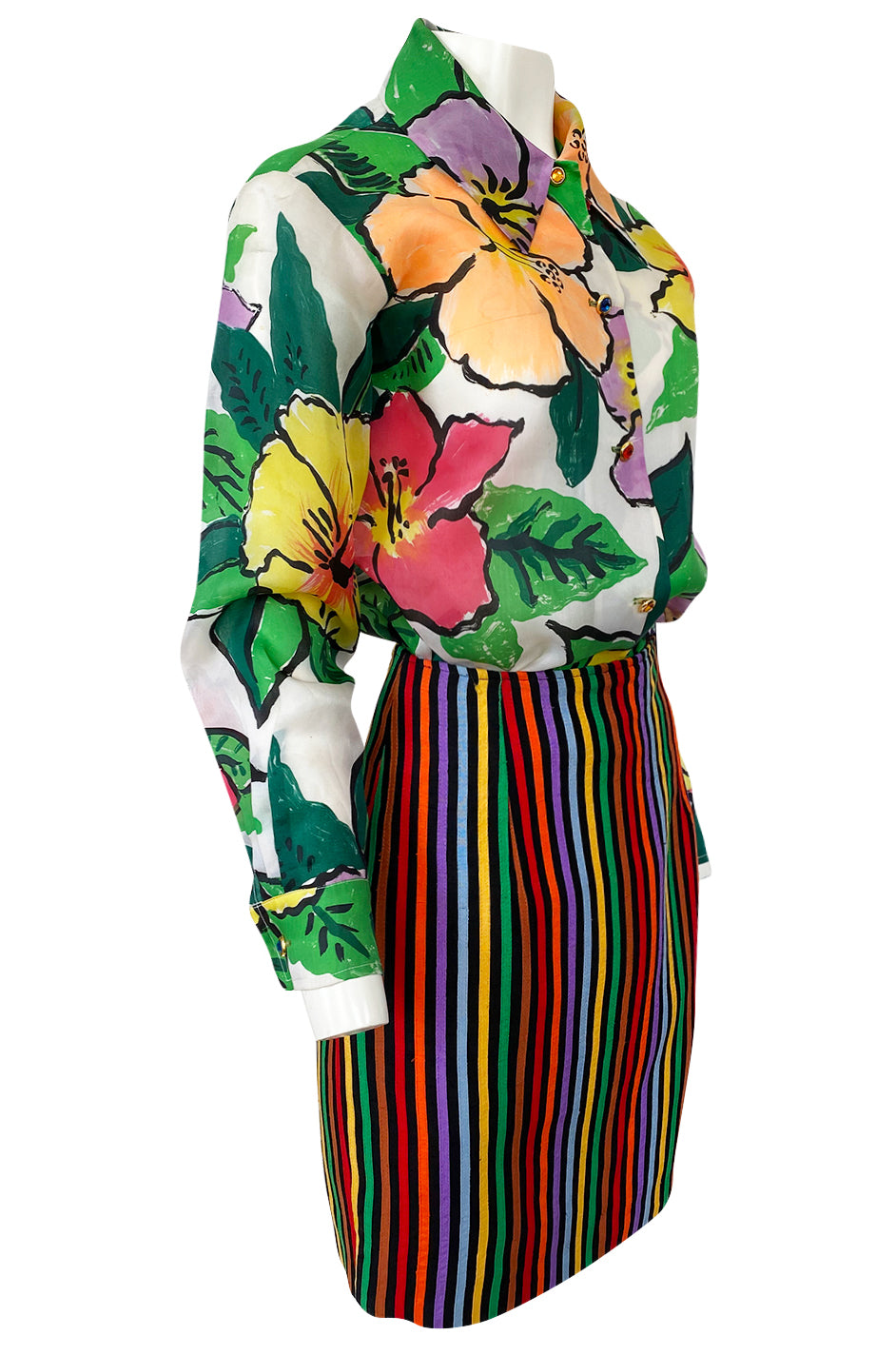 Spring 1992 Todd Oldham Floral Top w Rainbow Striped Jacket & Skirt Su ...