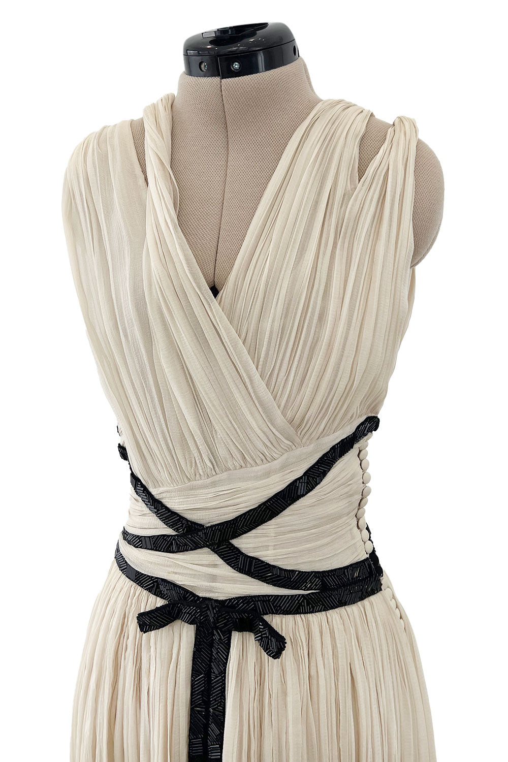 Spring 2012 Christian Dior Runway Ivory Silk Chiffon Dress w Black Bea ...